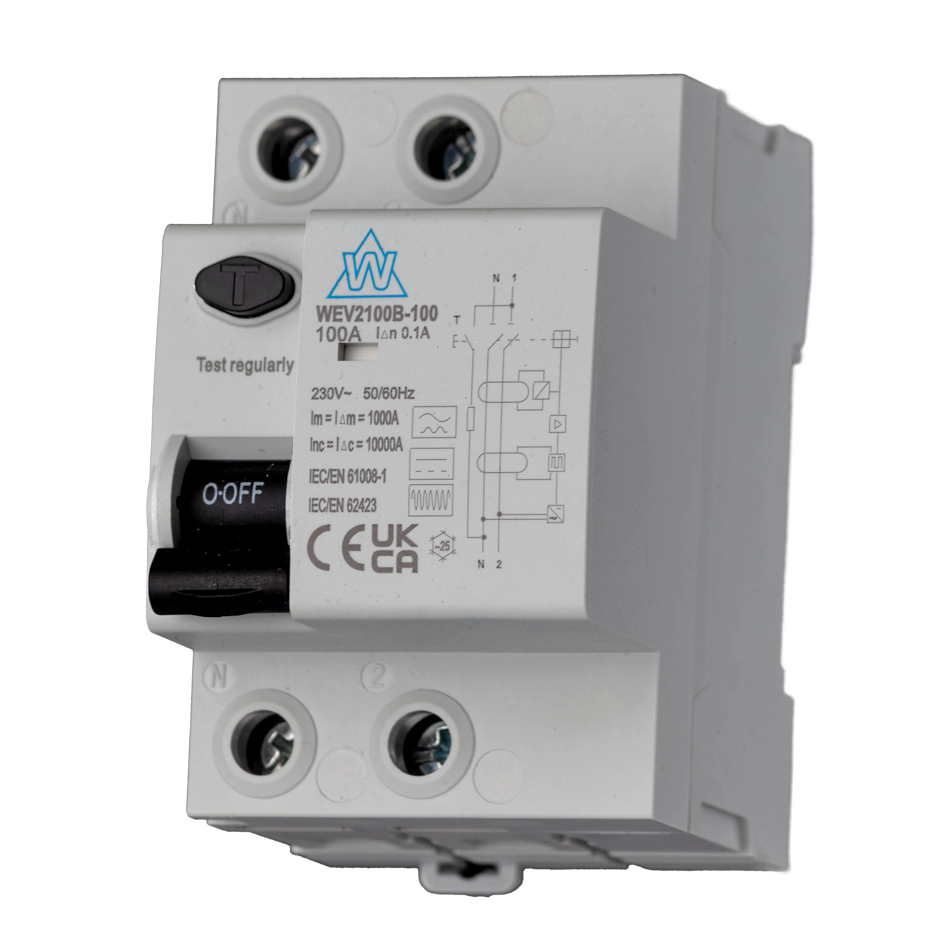 WEV2100B-100 - 2 Pole 100A B-Type RCD with 100mA Trip