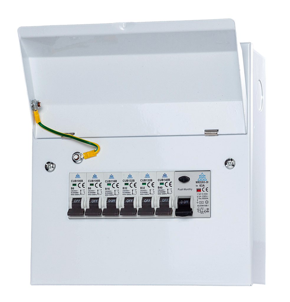 6 Way Consumer Unit – RCD + 6 MCBs | Fully Built Steel Board